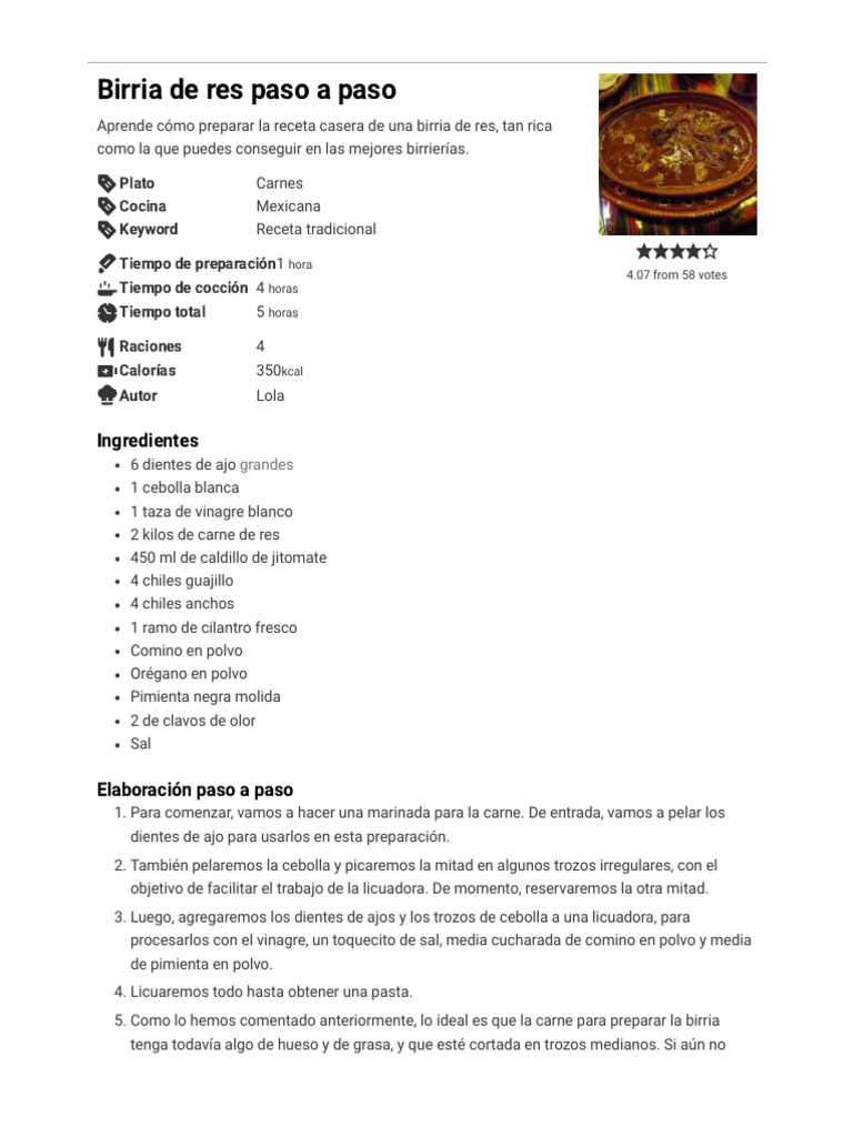 Receta de Birria de Res Casera | PDF | Cilantro | Carne