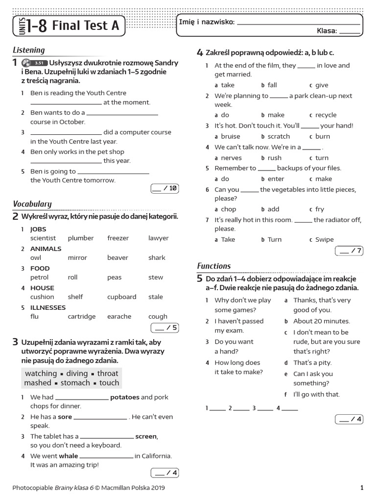 Jęz. Angielski Zaj - Wyrówawcze Klasa - 6a 2020r. | PDF