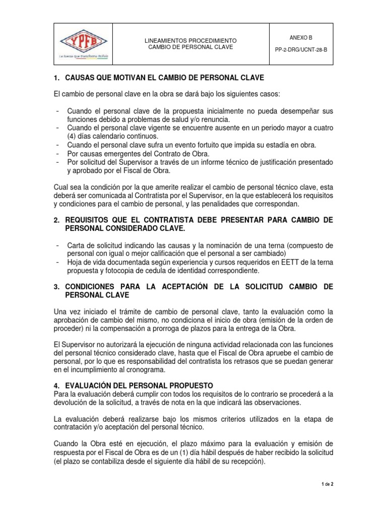Anexo B - Lineamientos Cambio de Personal Clave | PDF