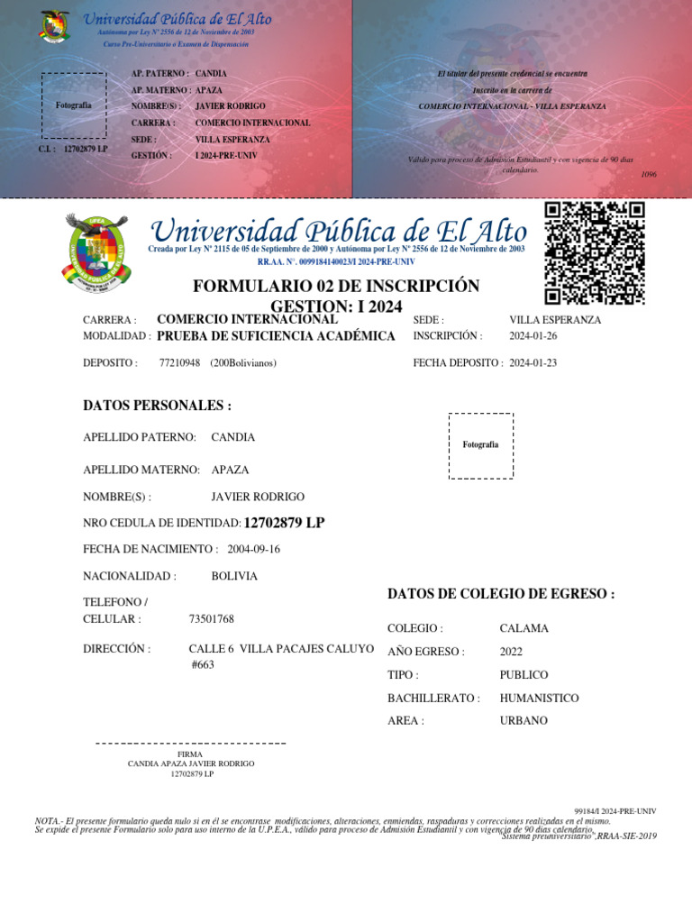 Inscripción Comercio Internacional UPEA 2024 | PDF