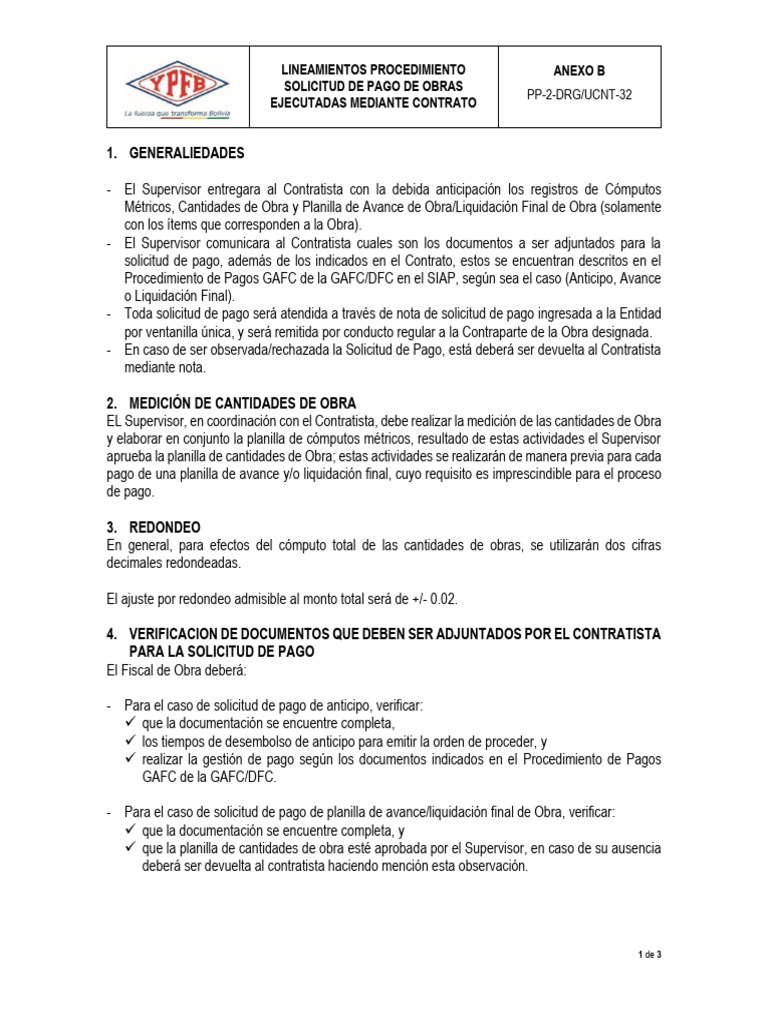 ANEXO B - LINEAMIENTOS SOLICITUD DE PAGO DE OBRAS EJECUTADAS MEDIANTE CONTRATO | PDF | Liquidación