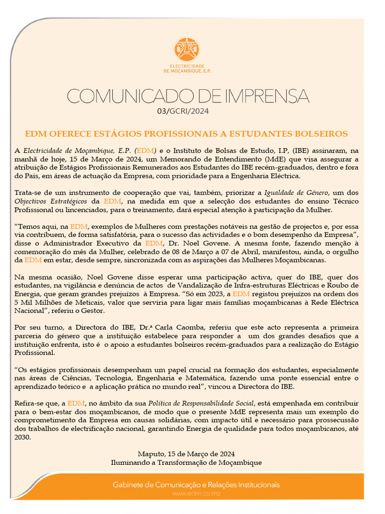 Comunicado de Imprensa - Assinatura de Memorando Entre IBE e EDM - 0 | Download grátis PDF ...