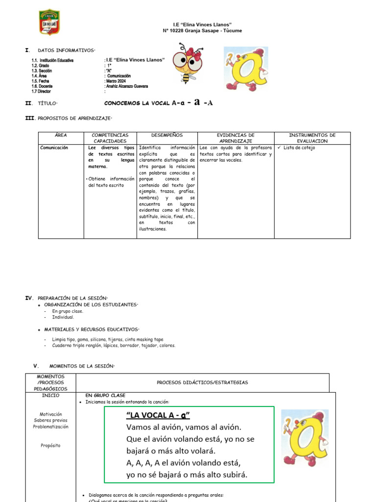 Aprendiendo la Vocal A en 1° A | PDF | Comunicación humana | Aprendizaje