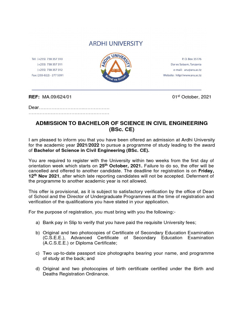 En-1635790138-Admission Letter - BSc. in Civil Engineering | PDF ...