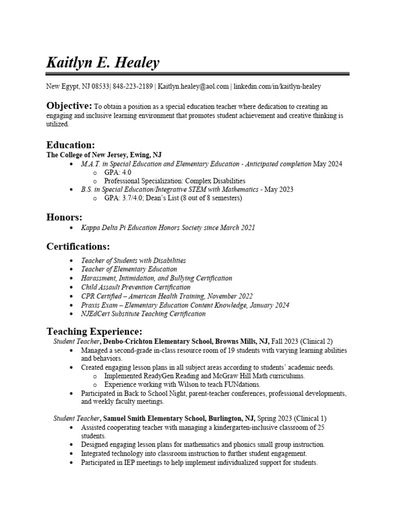 Healey Kaitlyn Resume | PDF | Teachers | Lesson Plan