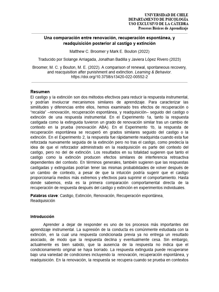 Broomer y Bouton 2022 Recuperaci N de La Respuesta Luego de Castigo y ...