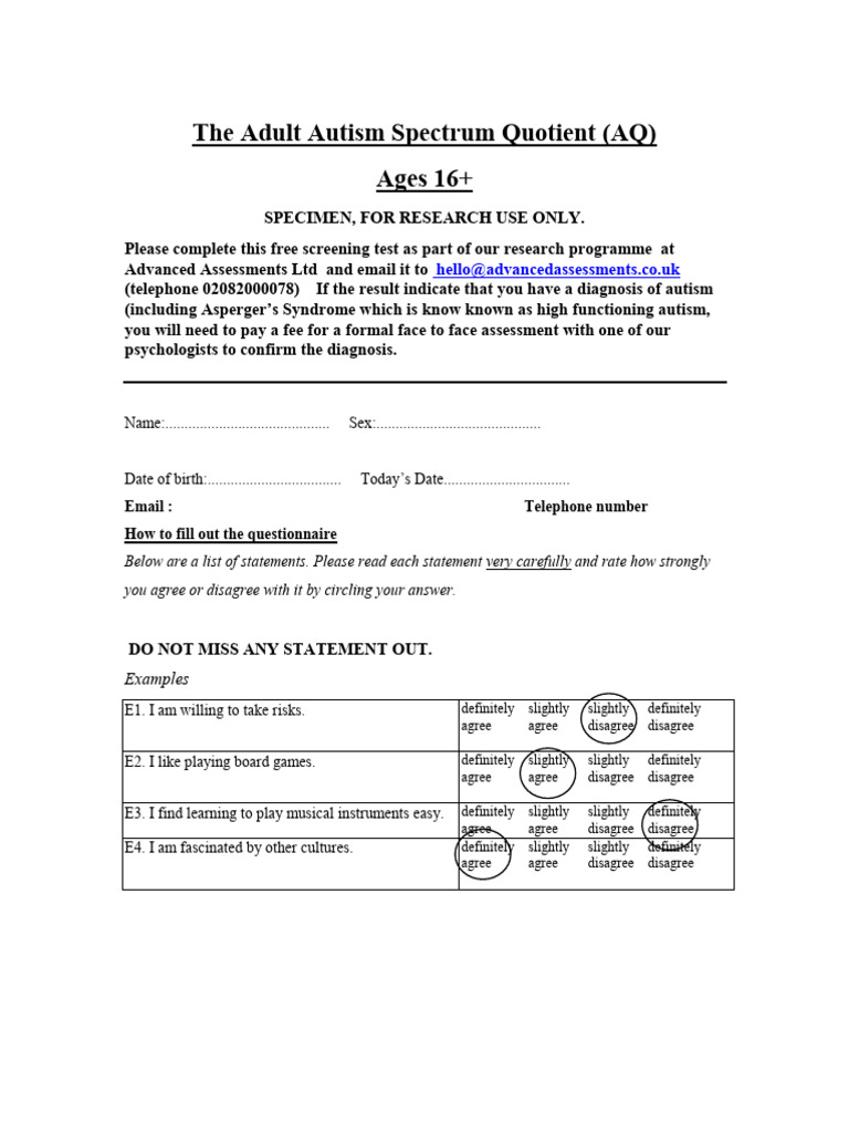 Autism Screening Test Adult | PDF | Asperger Syndrome | Autism Spectrum