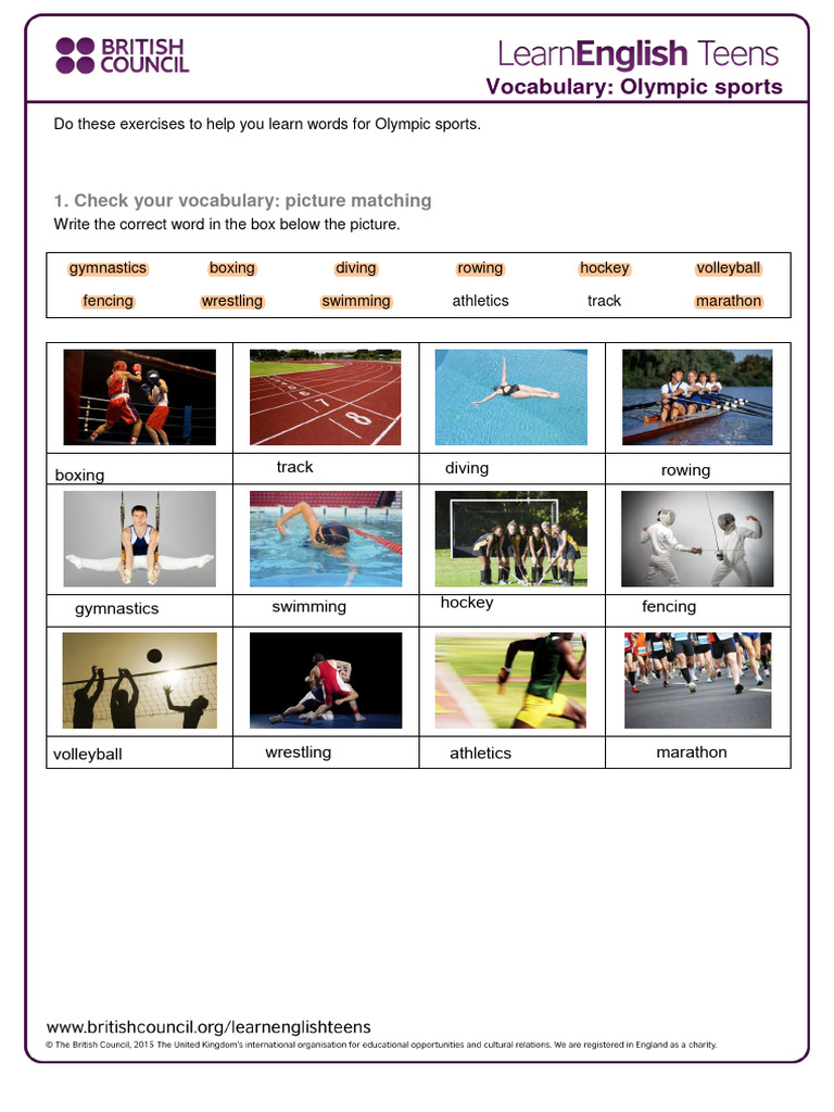 Olympic Sports Vocabulary Exercises | PDF | Sports & Recreation