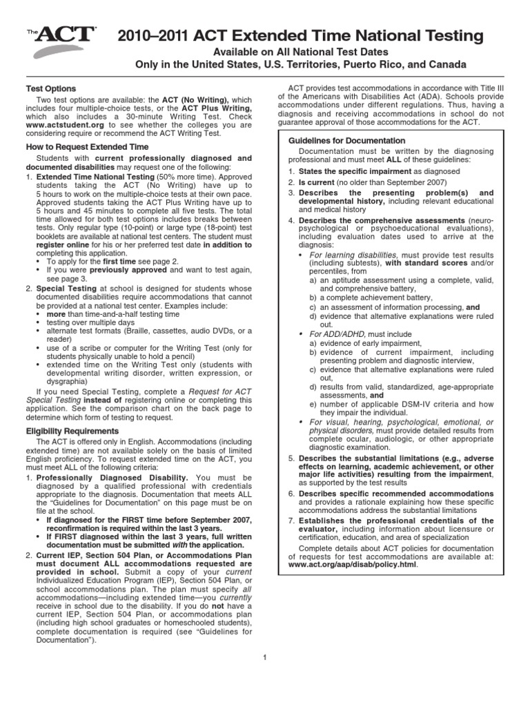 2010-2011 ACT Extended Time National Testing | PDF | Individualized ...