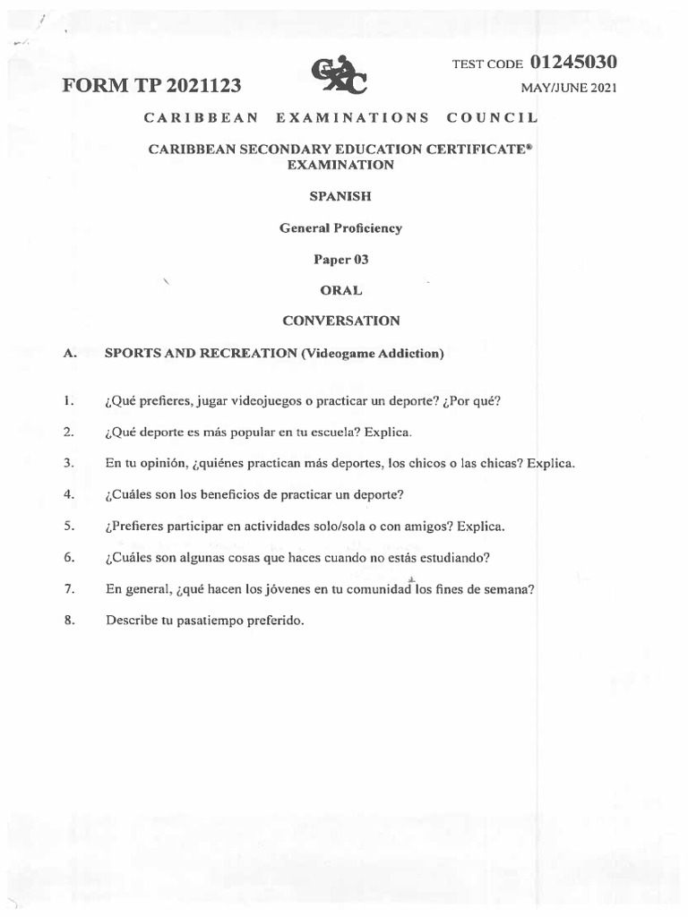 CSEC Spanish Orals 2021 | PDF