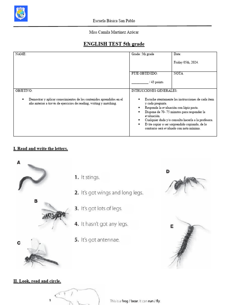 English Test 5th Grade | PDF