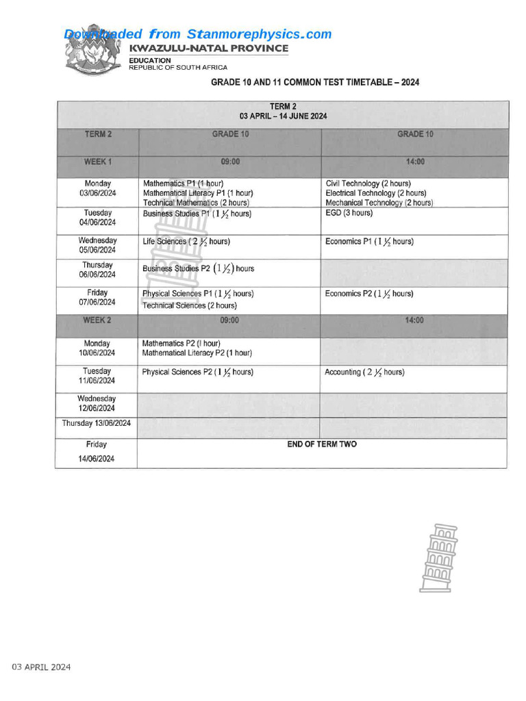 KZN Amended Grade 10 To 12 Common Test Timetable 2024 | PDF