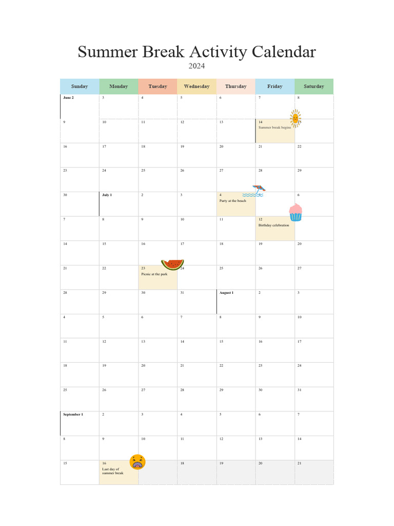 Summer Break Calendar | PDF