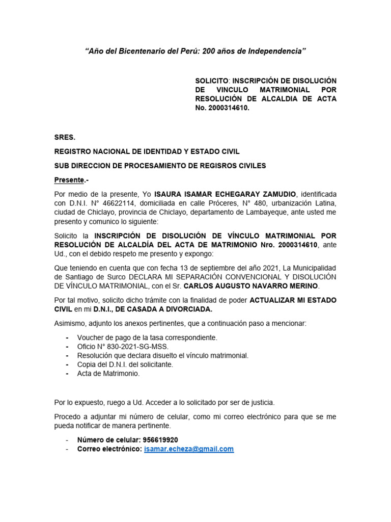 Solicitud de Anotación Marginal de Divorcio Ulterior | PDF Solicitud de Anotación Marginal de Divorcio Ulterior | PDF