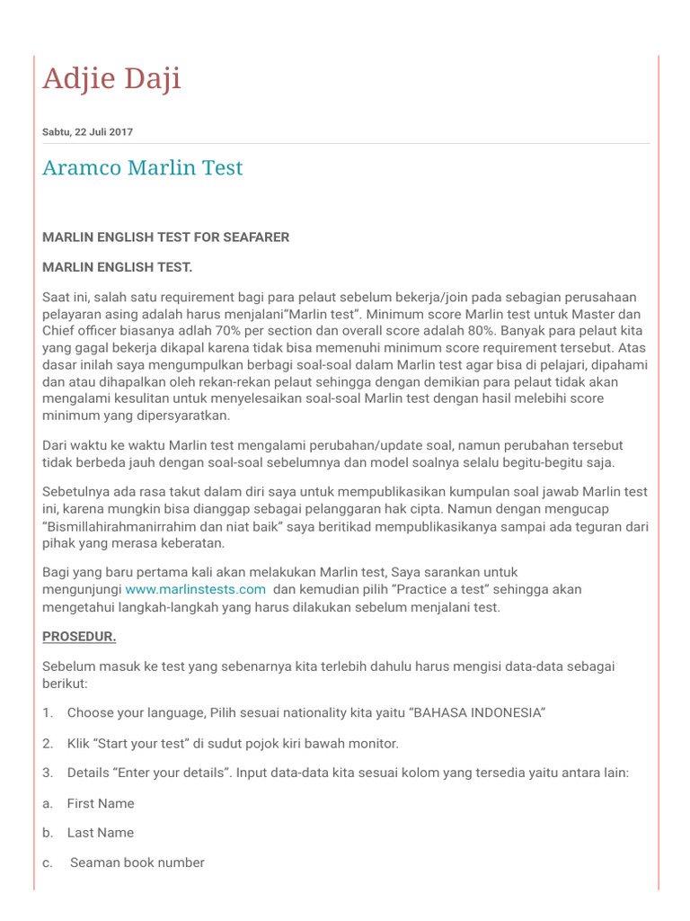 Panduan Marlin Test untuk Pelaut | PDF | Bisnis | Teknologi & Rekayasa