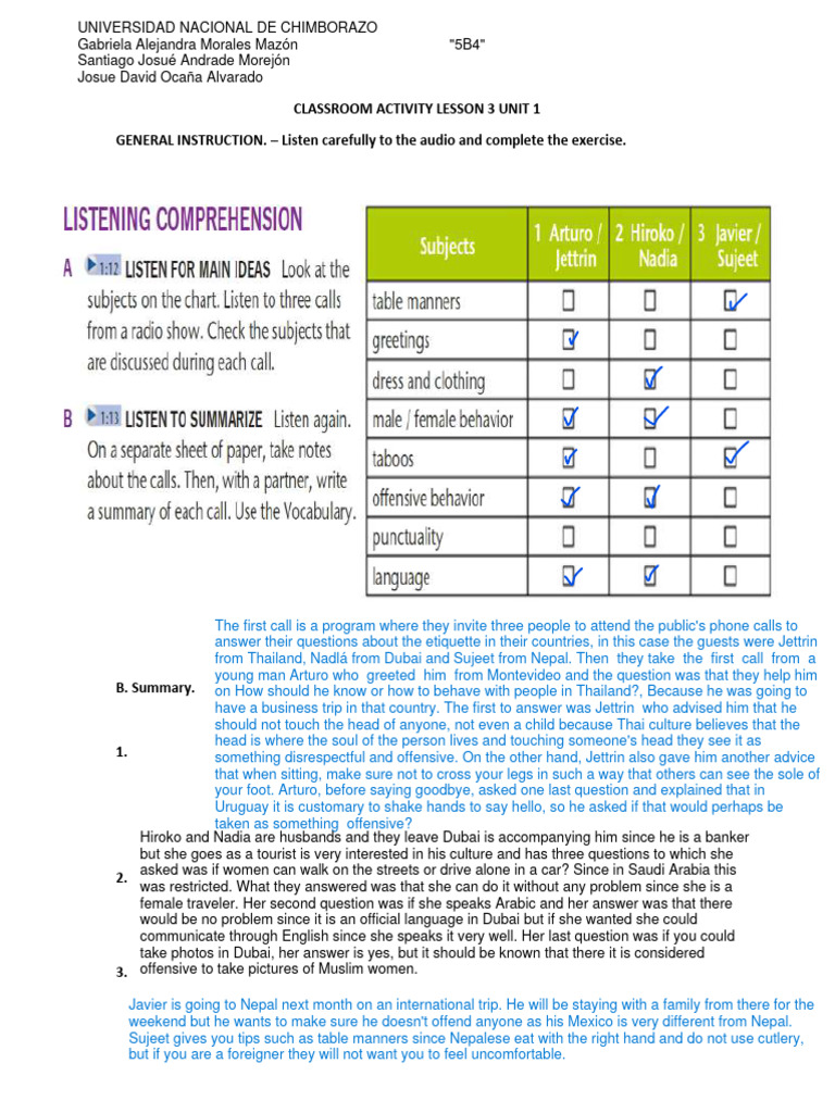CLASSROOM ACTIVITY LESSON 3 UNIT 1 5th level | PDF