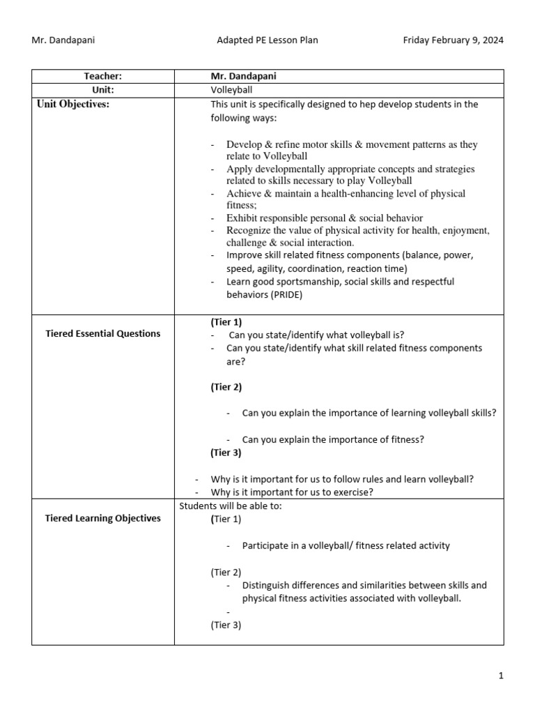 Volleyball Adapted PE Lesson Plan | PDF | Volleyball | Physical Fitness