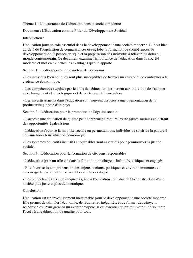 L'Éducation : Clé du Développement Sociétal | PDF | Évolution de ...