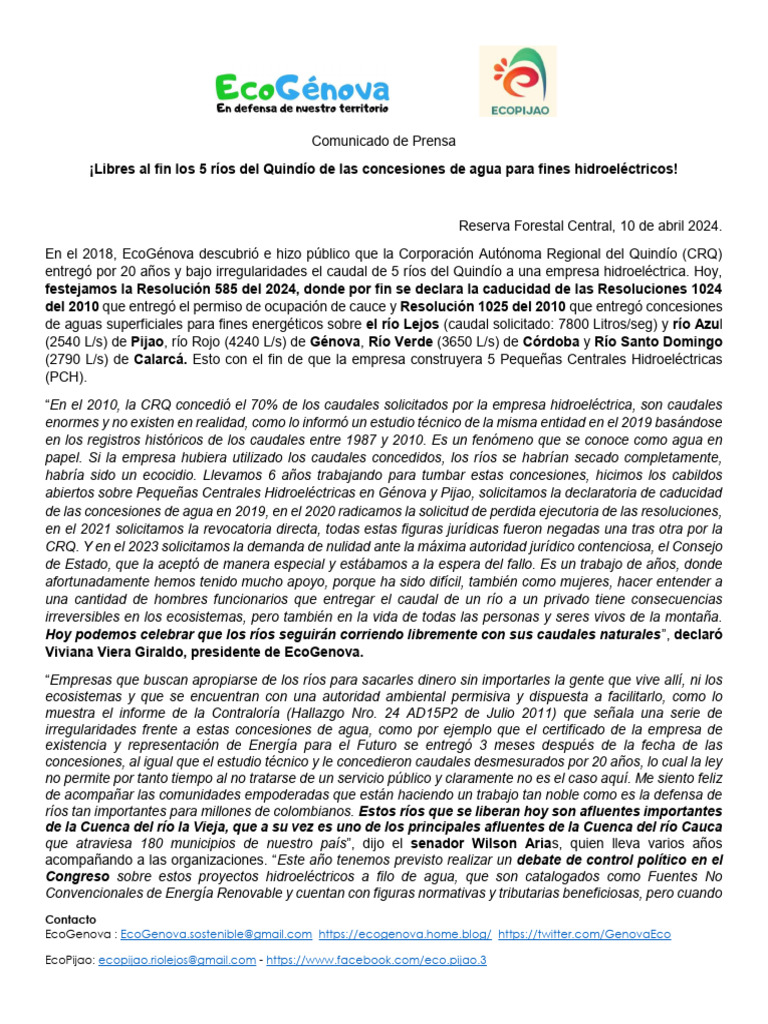 Ríos del Quindío Liberados de Concesiones | PDF | Río | Agua