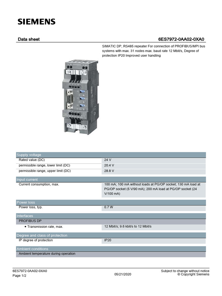 Simatic Et200 R485 Repeater 6es7972-0aa02-0xa0 | PDF | Bit Rate ...