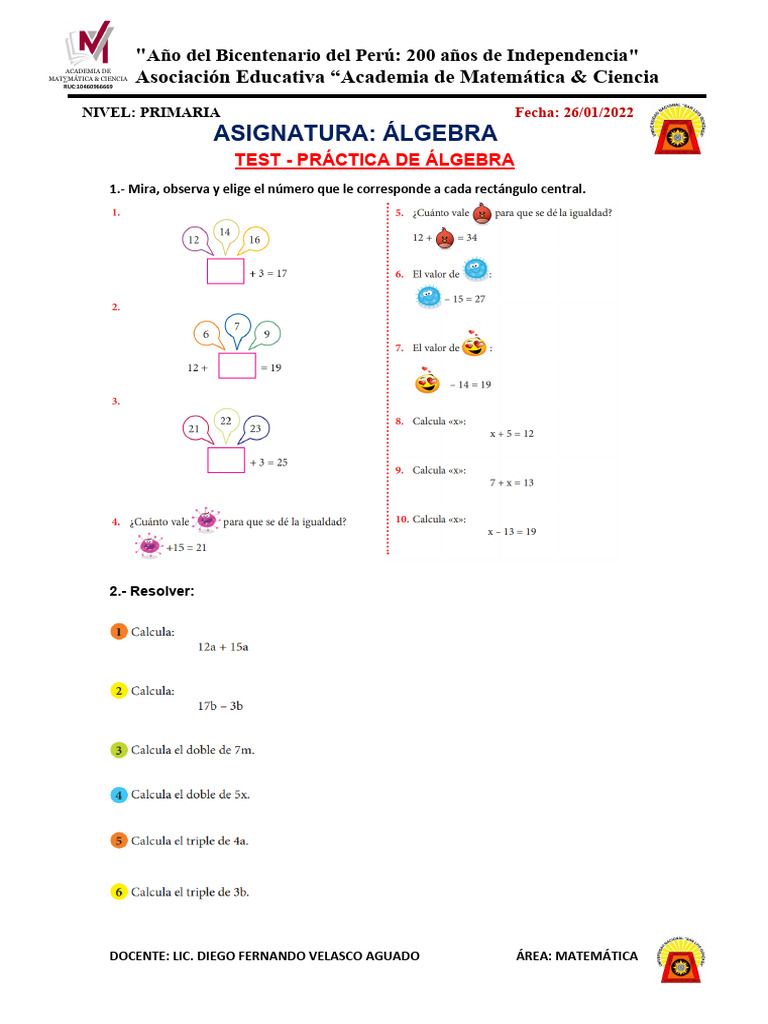 Práctica de Álgebra para Primaria | PDF