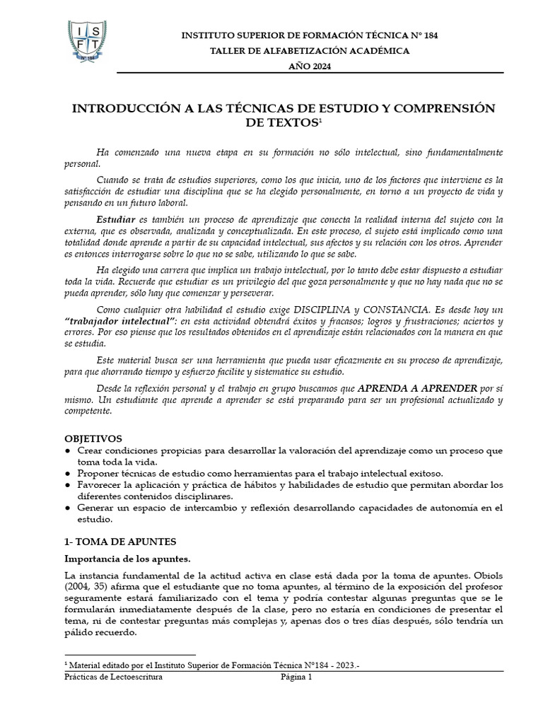 TAA_2024_Introducci_n_a_la_Comprensi_n_de_Textos_y_T_cnicas_de_Estudio_docx | PDF | Aprendizaje ...