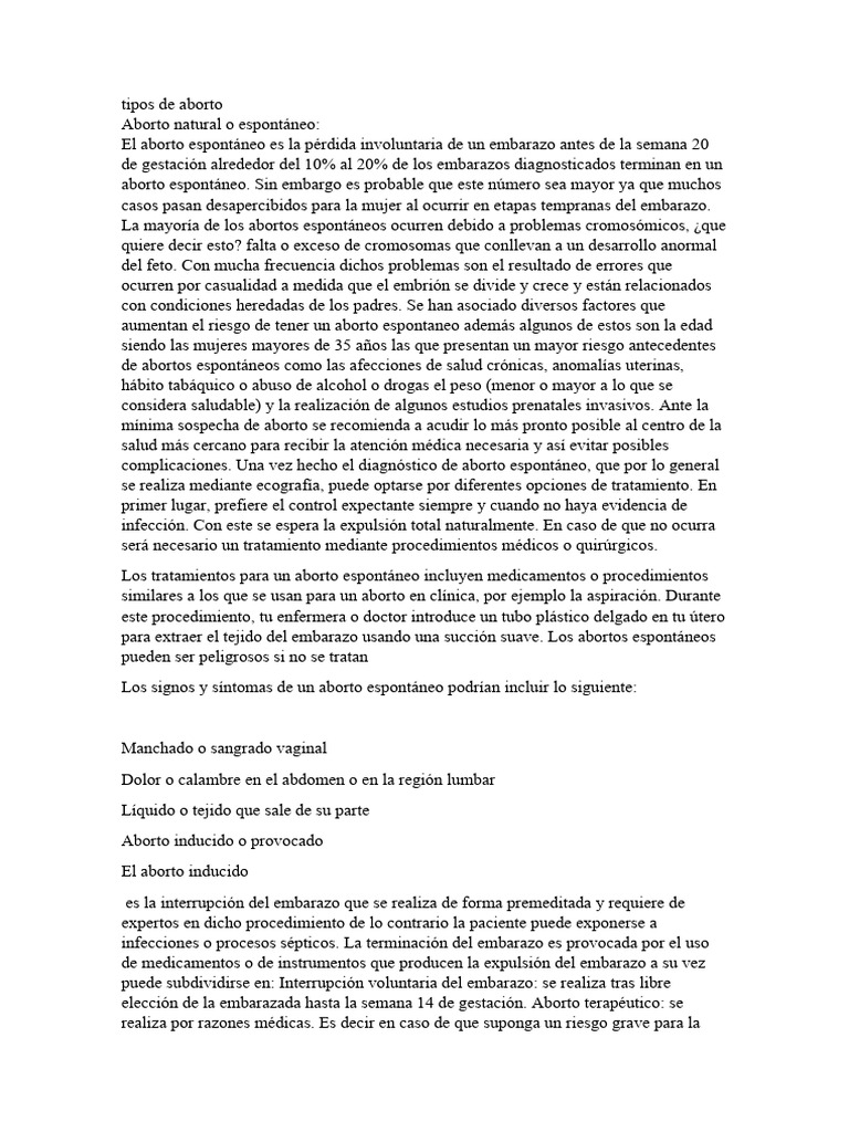 Tipos de Aborto Aborto Natural o Espontáneo | PDF | Aborto | Aborto ...