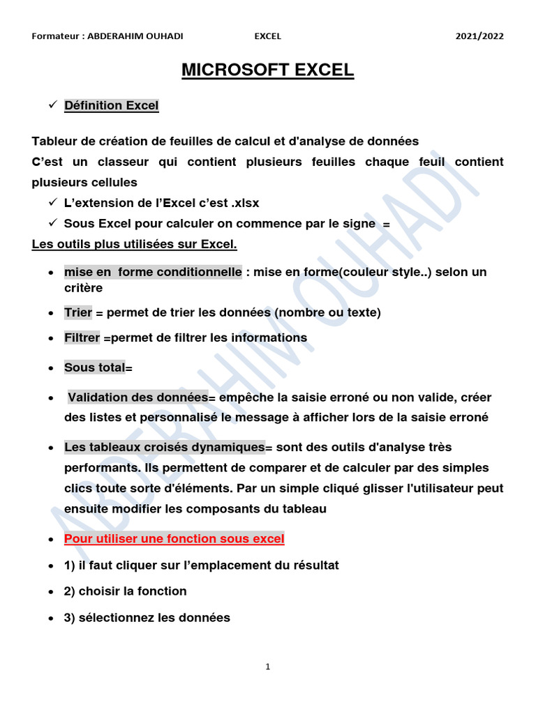Cours Excel | PDF | Microsoft Excel | Informatique