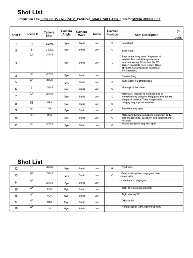Shotlist Episode 15 Outdoor | PDF