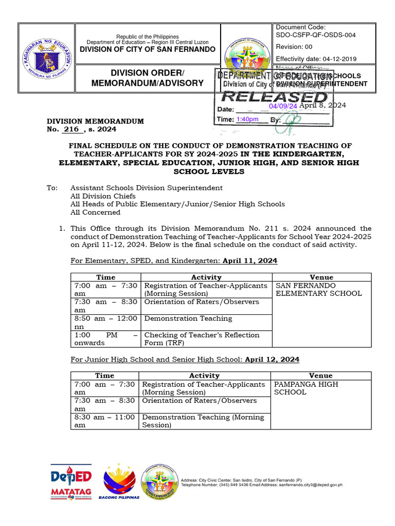 2024 Teacher Demo Schedule Memo | PDF | Philippines
