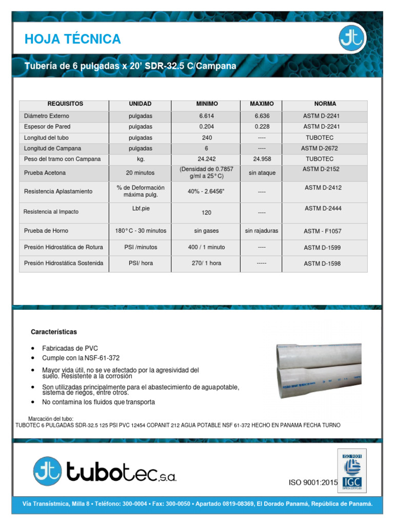 Tubería PVC 6" SDR-32.5 para Agua Potable | PDF