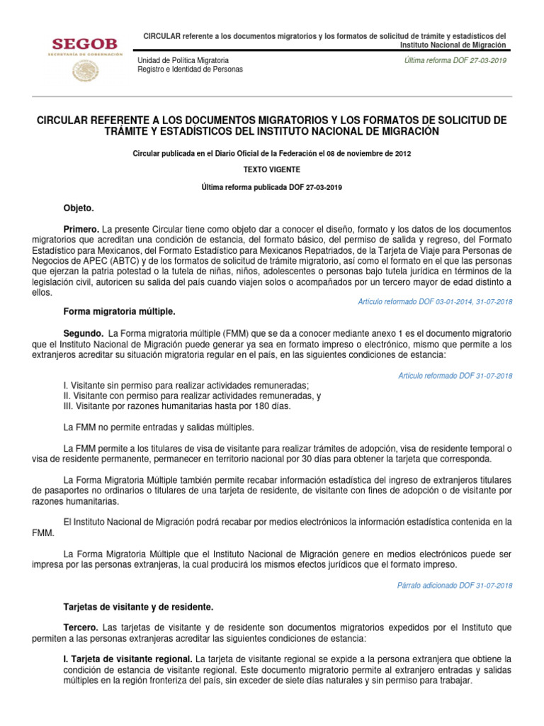 CIRCULAR - Doc Migratorios - y Formatos - INM - Int | PDF | Documento de identidad | Visa de viaje
