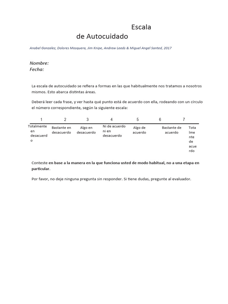 Escala de Autocuidado | PDF | Relaciones personales, crianza y ...