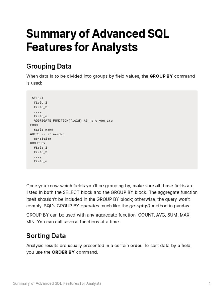 Summary of Advanced SQL Features For Analysts Theme 3 | PDF | Software ...