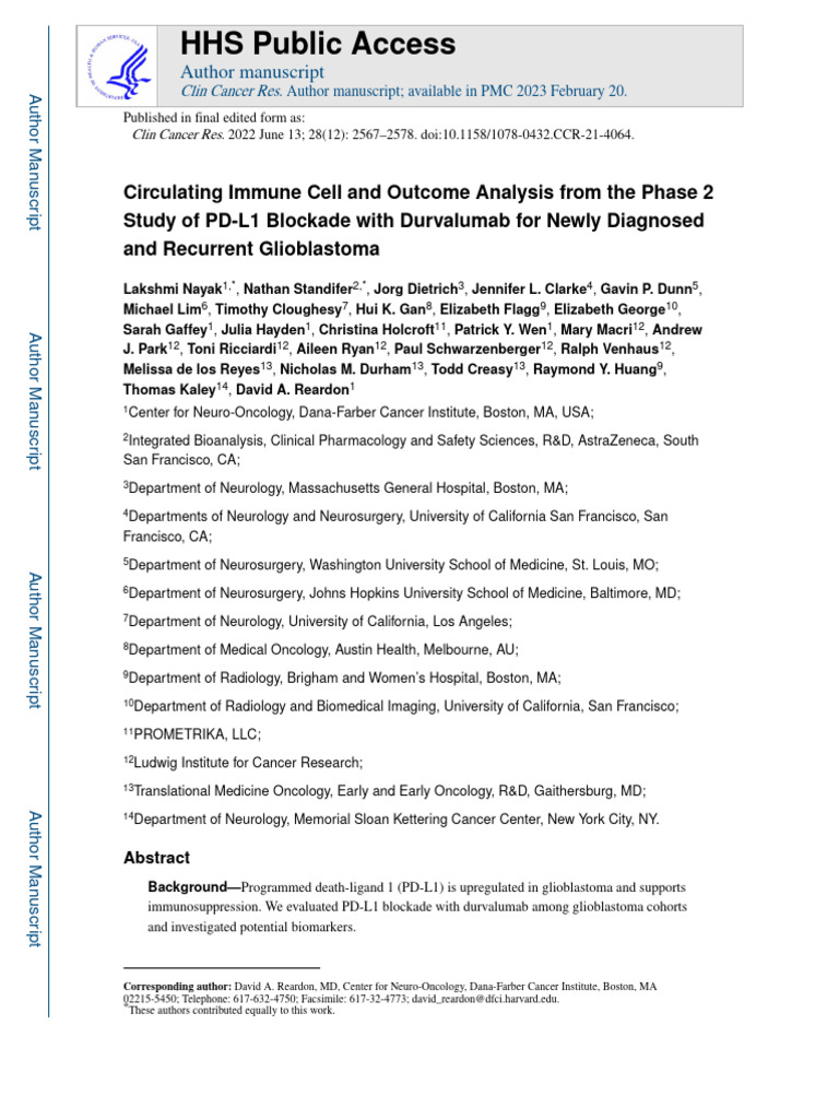 Circulating Immune Cell and Outcome Analysis From The Phase 2 Study of ...