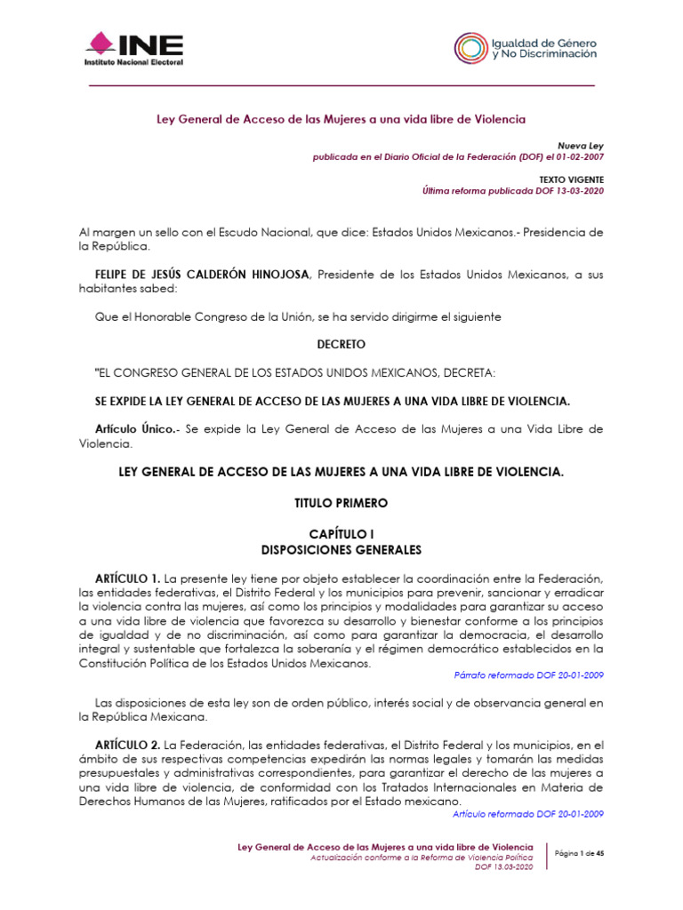 Ley General de Acceso de La Mujeres A Una Vida Libre de Violencia Versión INE UTIGyND | PDF | La ...
