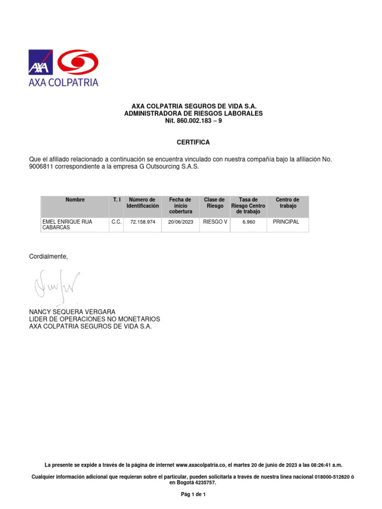 Certificado Afiliacion Arl Colpatria | PDF
