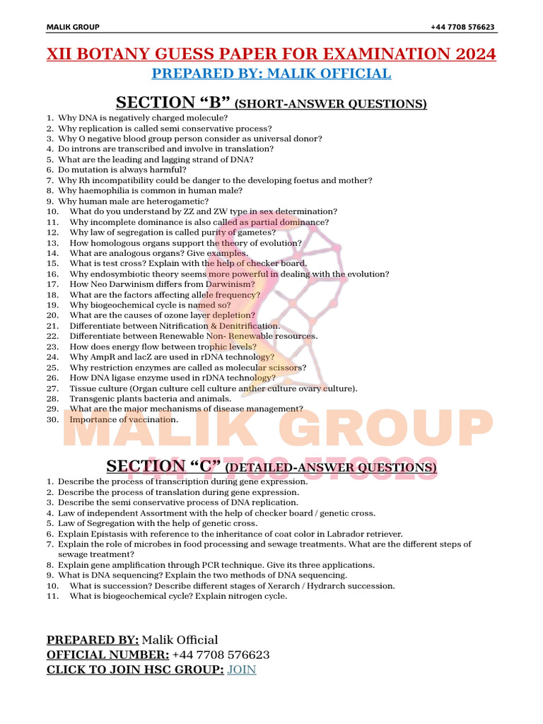 Class 12 Botany Guess Paper 2024 | PDF | Gene | Genetics