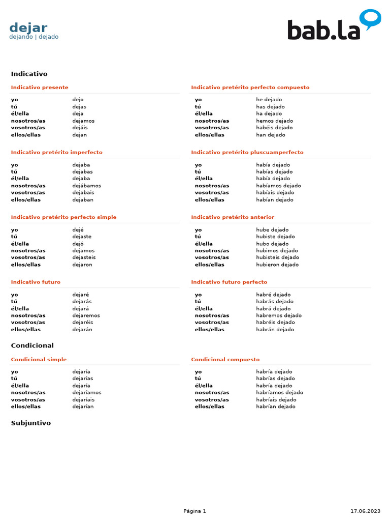 Conjugación del verbo dejar | PDF | Conjugación gramatical | Morfología