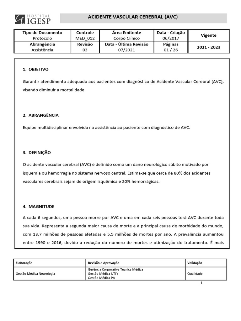 012 A B Protocolo Acidente Vascular Cerebral AVC | PDF | AVC | Medicina Clínica
