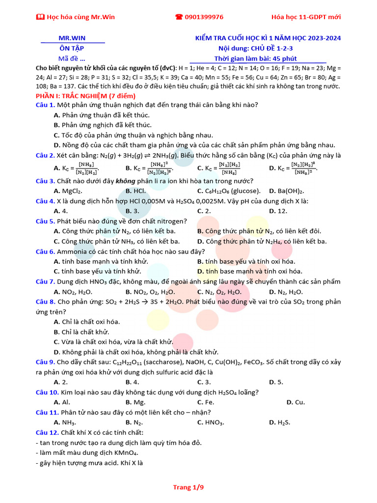 [CK1-H11] ĐỀ ÔN CK1 HÓA 11 HV NĂM 2023-2024 | PDF