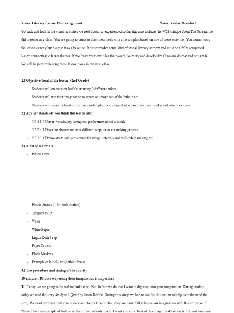 Art Visual Literacy Lesson Plan Assignment 1 | PDF | Color | Shape