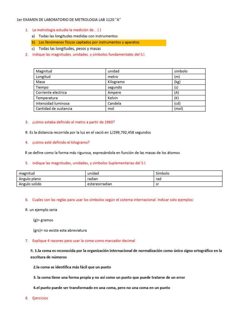1er EXAMEN DE LABORATORIO DE METROLOGIA LAB 1120 | PDF | Metrología | Cantidad