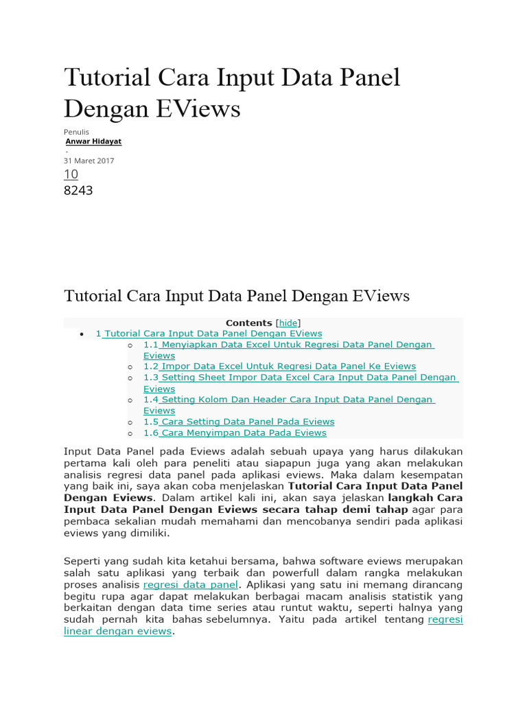 Tutorial Cara Input Data Panel Dengan EViews | PDF