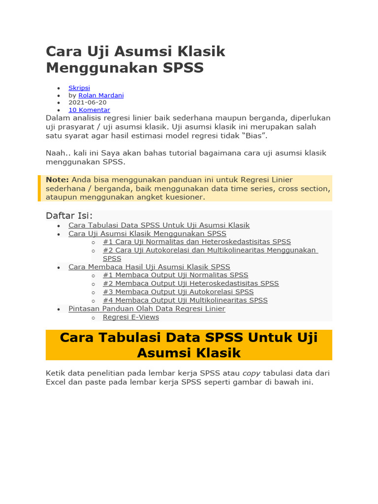Cara Uji Asumsi Klasik Menggunakan SPSS | PDF