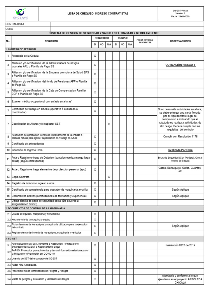 SGSST-FM-23 Check List Ingreso Contratista | PDF