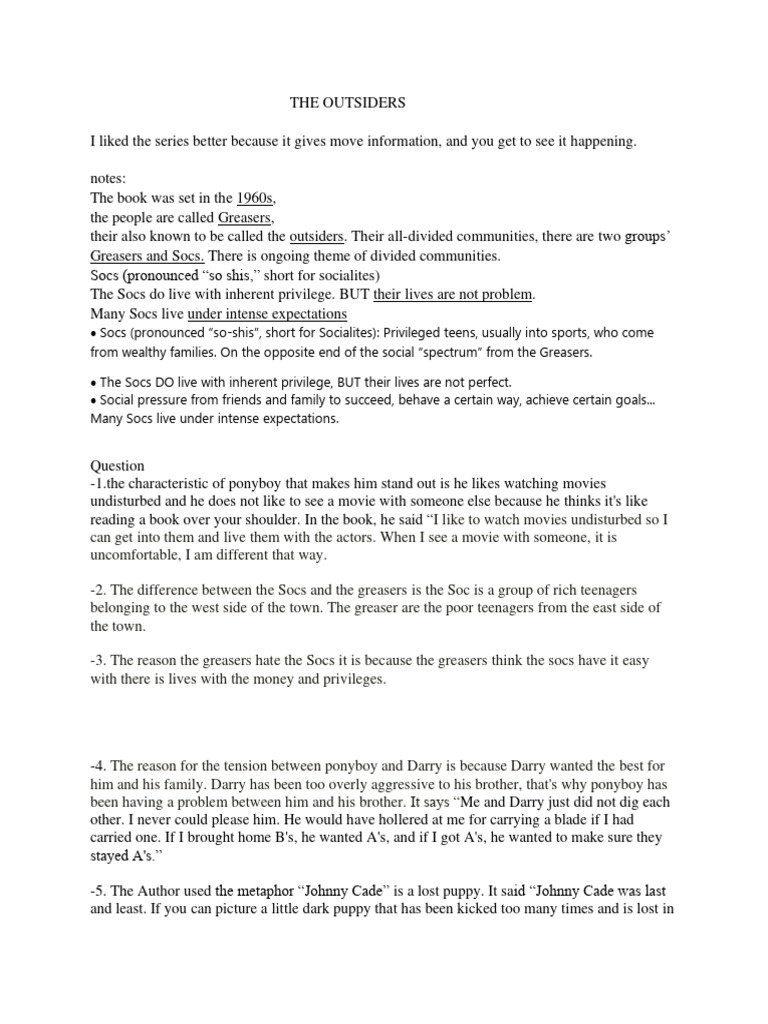 The OUTSIDERS Chapter 1 Question 1 | PDF | Social Science | General Fiction