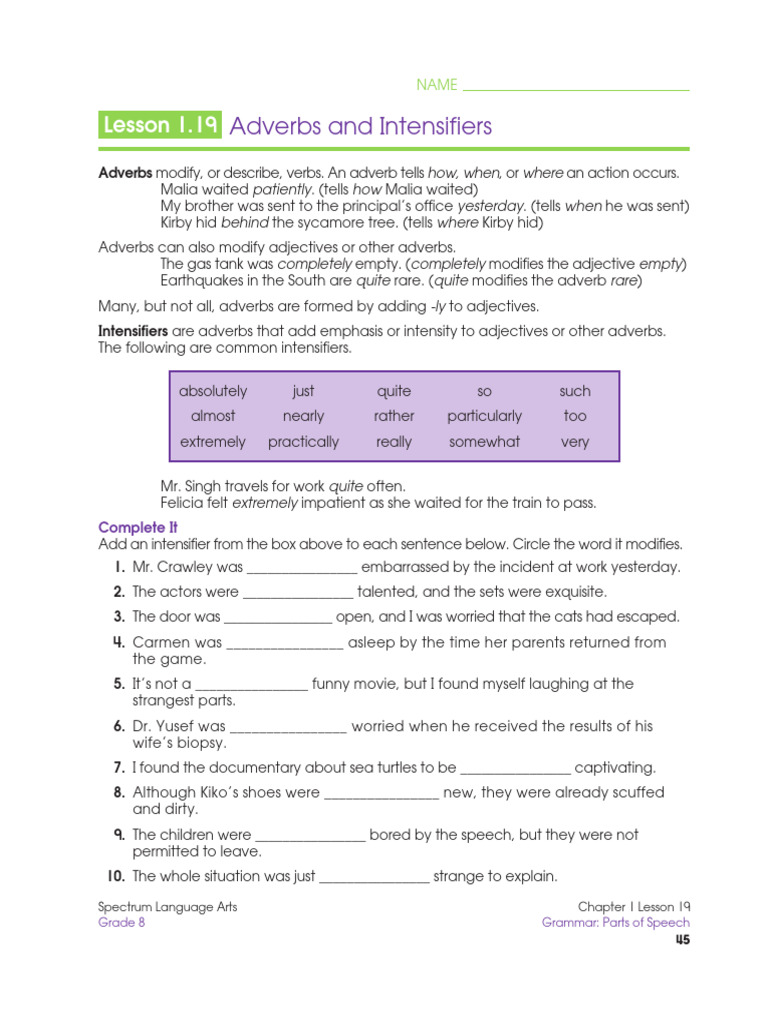 Grade 8 Adverbs & Intensifiers | PDF | Adverb | Adjective