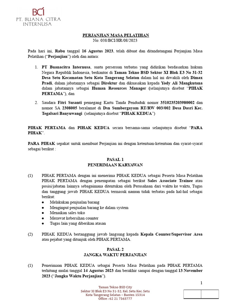 166 Perjanjian Trainee Fitri Susanti (Ls3) | PDF
