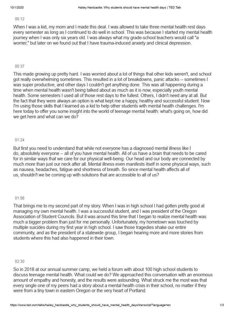 Transcript - Why Students Should Have Mental Health Days - TED Talk-1 | PDF | Mental Disorder ...